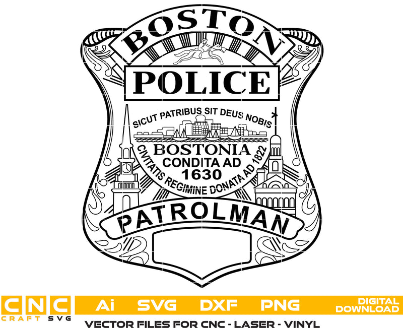 Boston Patrolman Police Badge Vector Art, Ai,SVG, DXF, PNG, Digital Fi