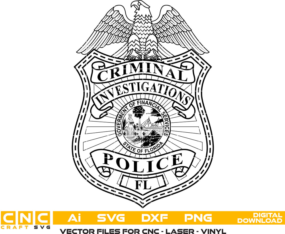 Florida Police Criminal Investigations Badge, Florida Police Badge, Fl