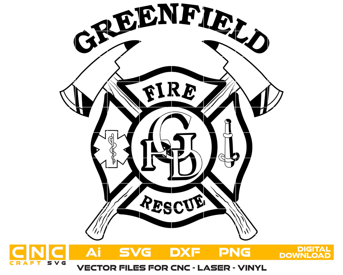 Greenfield Fire Rescue Badge Vector Art, Ai,SVG, DXF, PNG, Digital Fil