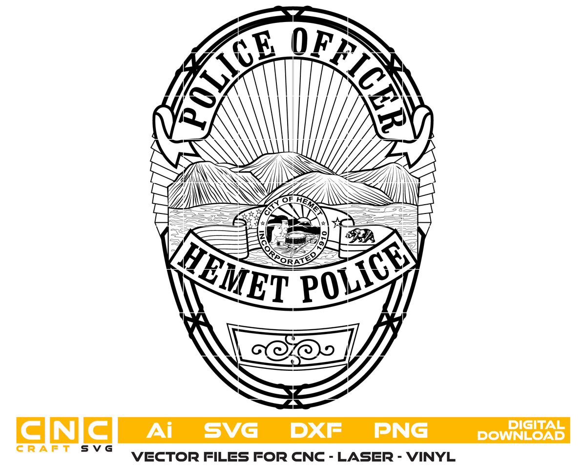 Hemet Police Officer Badge Vector art Svg, Dxf, Jpg, Png, and Ai files