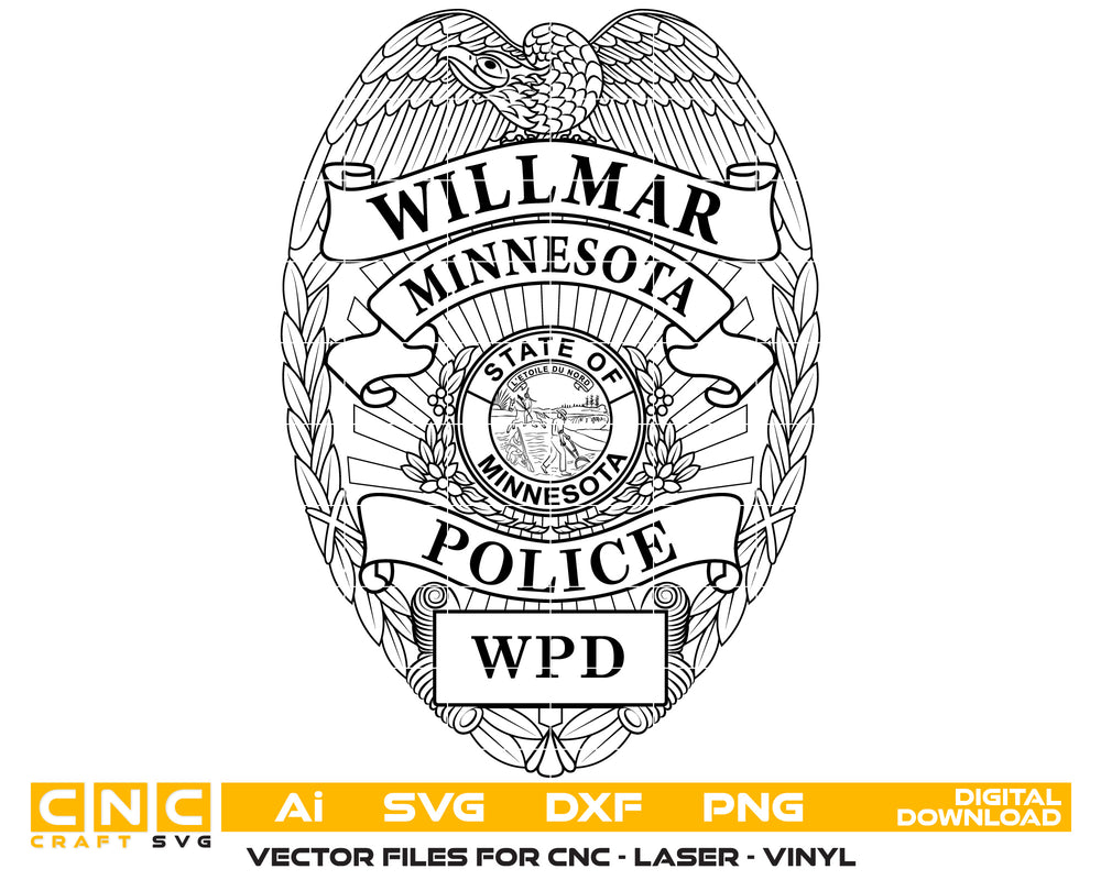 Minnesota Willmar Police Badge Vector Art, Ai,SVG, DXF, PNG, Digital F