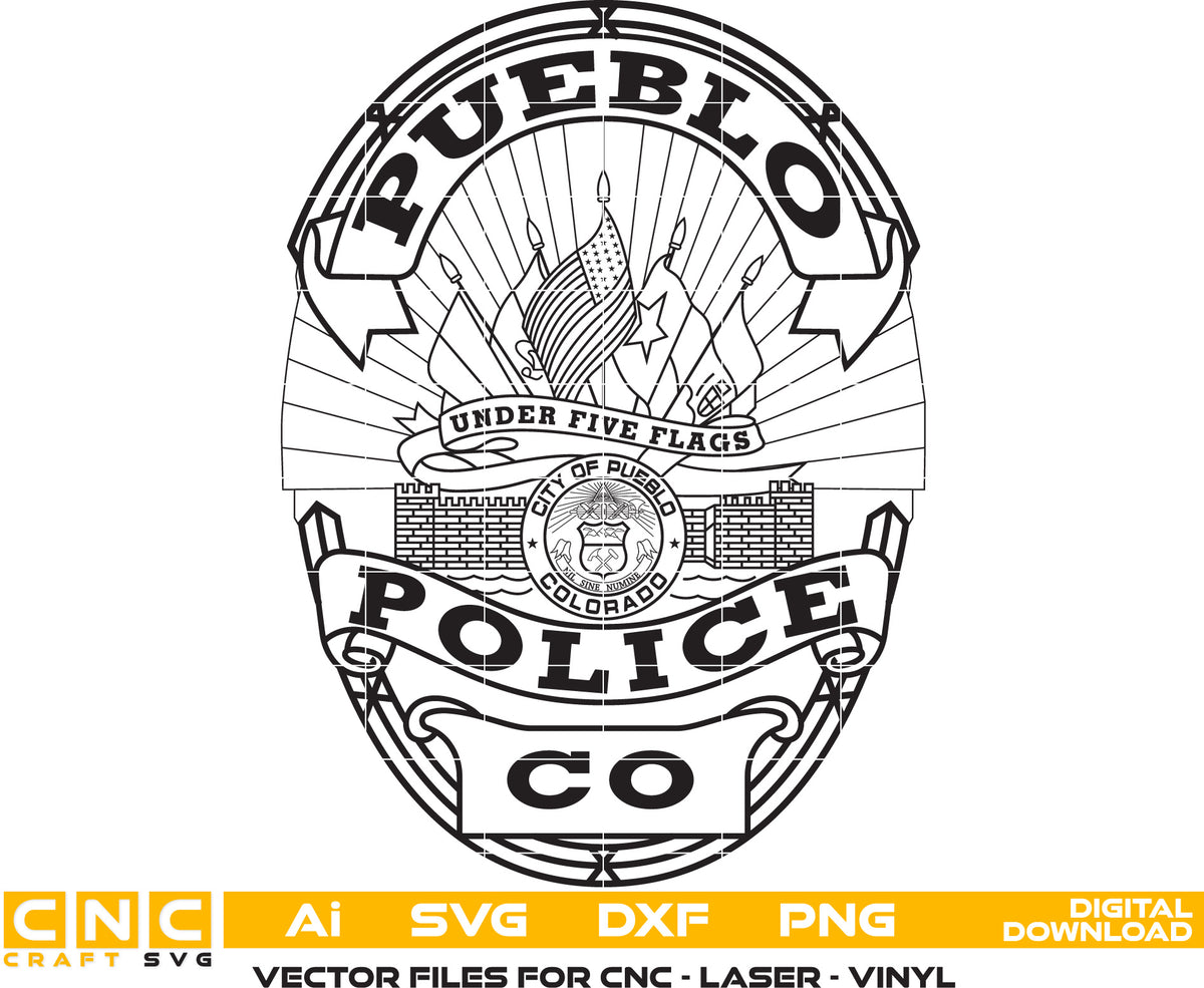 Pueblo, Colorado Police Badge Vector Art, Ai,SVG, DXF, PNG, Digital Fi
