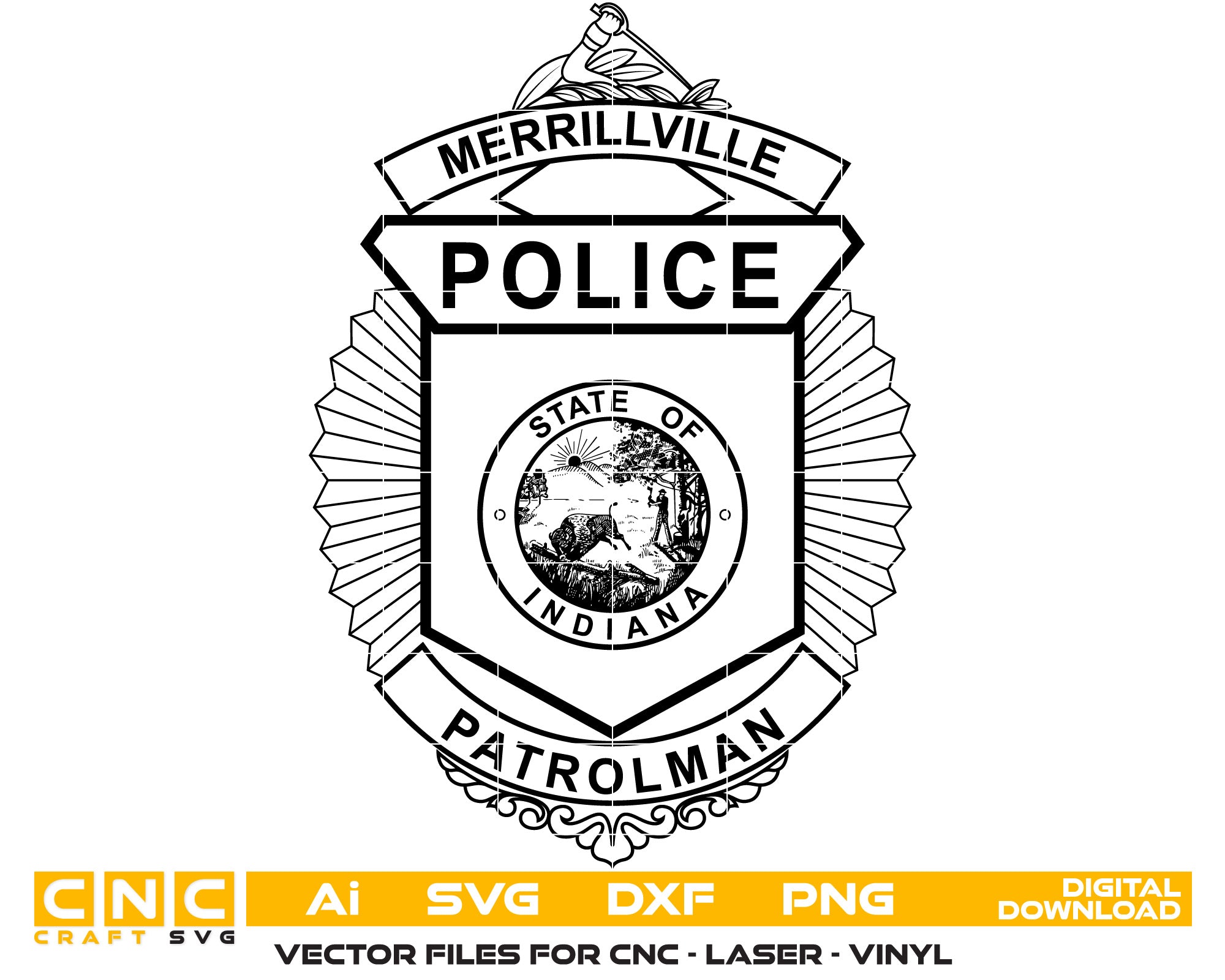 State of Indiana Merrillville Patrolman Police Badge Vector art Svg, D