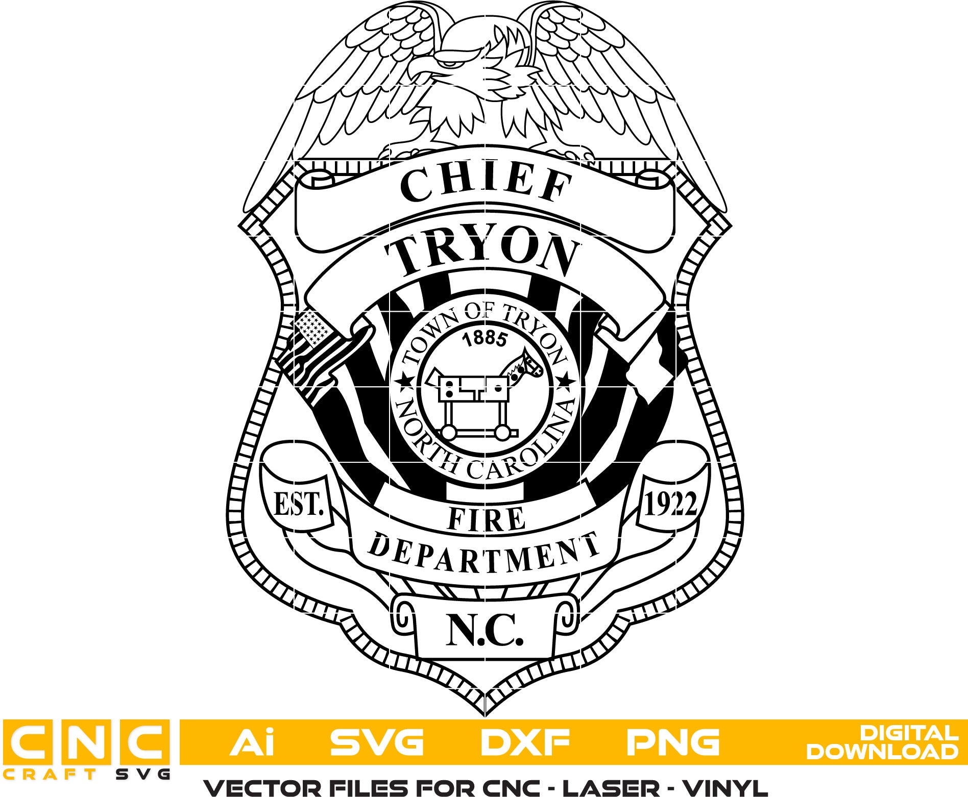 Tryon Fire Dept Chief Badge. North Carolina Fire Dept Badge Vector Art